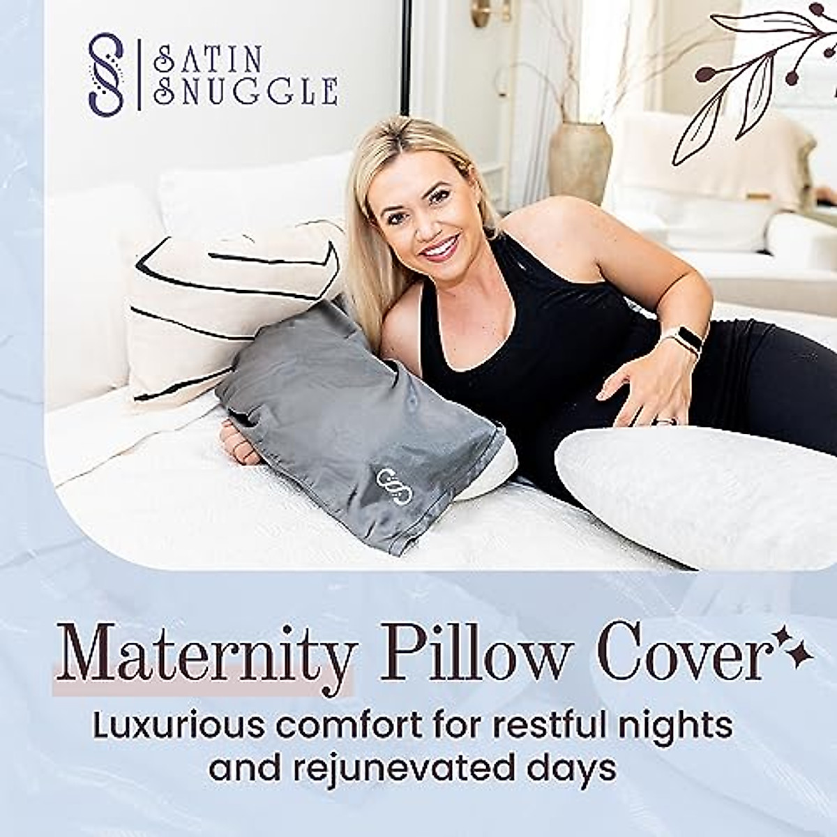 Beavion Satin Snuggle Pregnancy Pillow Cover, Satin Maternity Pillow Cover for Cooling Skin & Hair, Durable C and U Pillow Cover, Baby Blue Accent Color