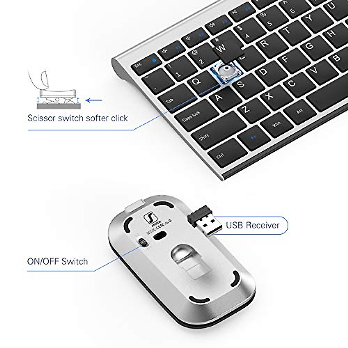 Rechargeable Wireless Keyboard Mouse, seenda Slim Thin Low Profile Keyboard and Mouse Combo with Numeric Keypad Silent Keys for Windows 7/8/10/11 PC Laptop Computer, Gray