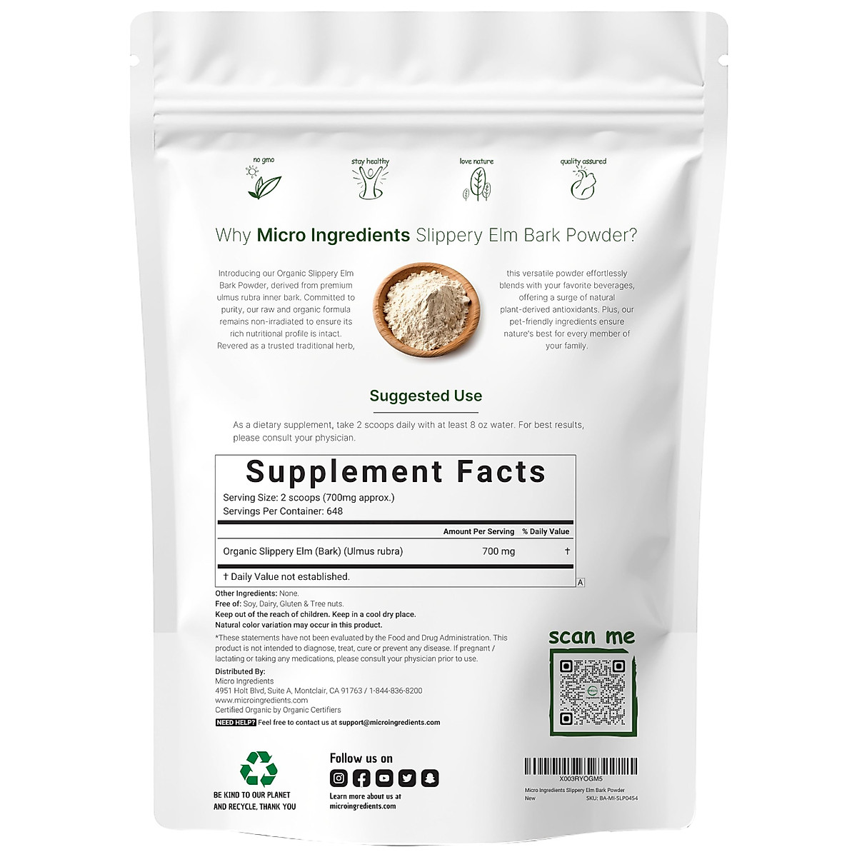 Micro Ingredients Sustainably US Grown, Organic Slippery Elm Bark Powder, 1 Pound (648 Servings), Helps Soothe The Throat and Coughing, No Irradiated, No Contaminated, No GMOs, Pet Friendly