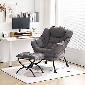 Lazy Chair with Ottoman, Modern Chair with Folding Footrest, Lounge Accent Chair, Comfortable Reading Chair, Oversized Armchairs for Bedroom, Study, Living Room, Courtyard (Dark Grey)