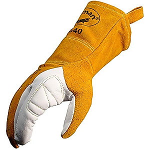 Caiman Premium Goat Grain TIG/Multi-task Welding Gloves, Split Cowhide Back, 4-inch Kontour Wrist Cuff, Unlined, Kevlar Sewn, White/Gold, Small (1540-3)