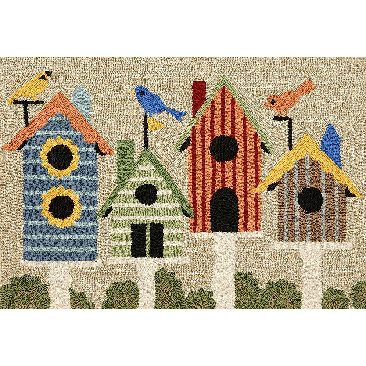 Liora Manne FTP34144144 Frontporch Garden Blue Bird's Home Birdhouses Indoor/Outdoor Rug 2'6" X 4' Ivory and Cream
