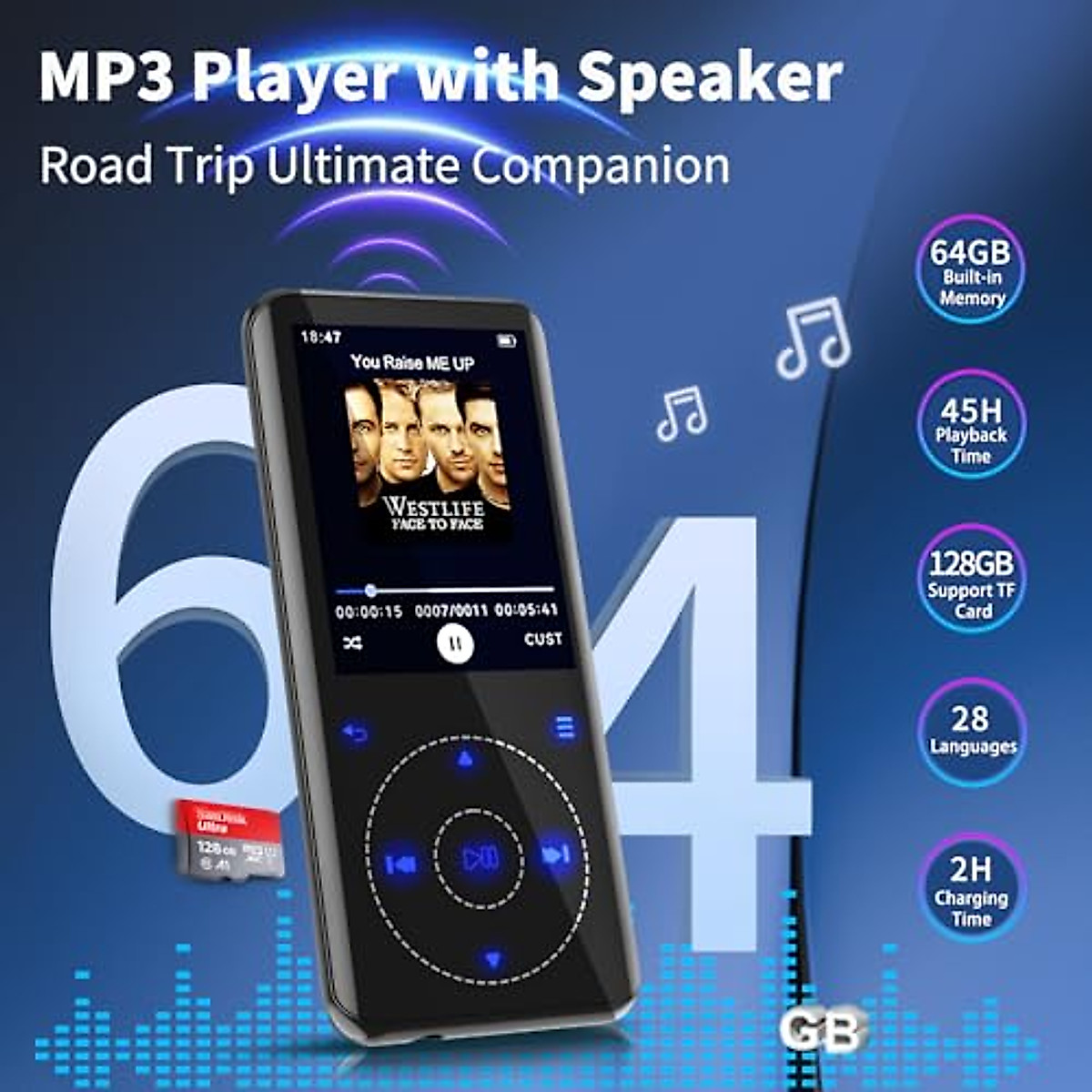 RUIZU 64GB MP3 Player with Bluetooth 5.3: Portable Music Player with Speaker, FM Radio, Voice Recorder, HiFi Lossless Digital Audio Video Playback, 2.4" Curved Screen, Touch Buttons, Supports 128GB