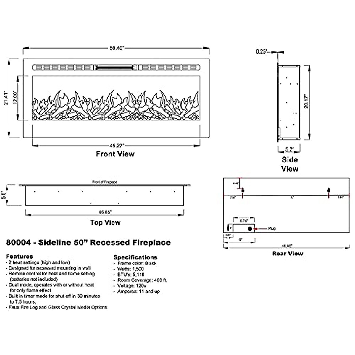 Touchstone Smart Electric Fireplace-The Sideline® 50 Inch Wide-in Wall Recessed-30 Realistic Ember Color/Flame Options-1500W Heater w/Thermostat-Black-Log & Crystal Hearth Options -Alexa®/WiFi Enabled