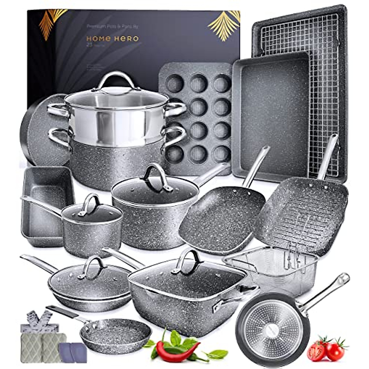 Granite Cookware Sets Nonstick Pots and Pans Set Nonstick - 23pc Kitchen Cookware Sets Induction Cookware Induction Pots and Pans for Cooking Pan Set Granite Cookware Set Non Sticking Pan Set