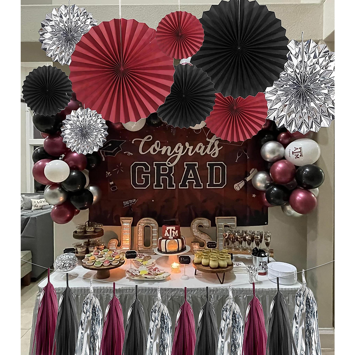 24PCS Maroon Decorations Burgundy Black Silver Party Paper Streamers Tassel Banner Garland Paper Flower Fans Wall Hanging Backdrop Graduation Birthday Bridal Shower Wedding Décor