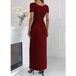 HAOMEILI Women's Short Sleeve Loose Plain Long Maxi Casual Dresses with Pockets L Wine Red