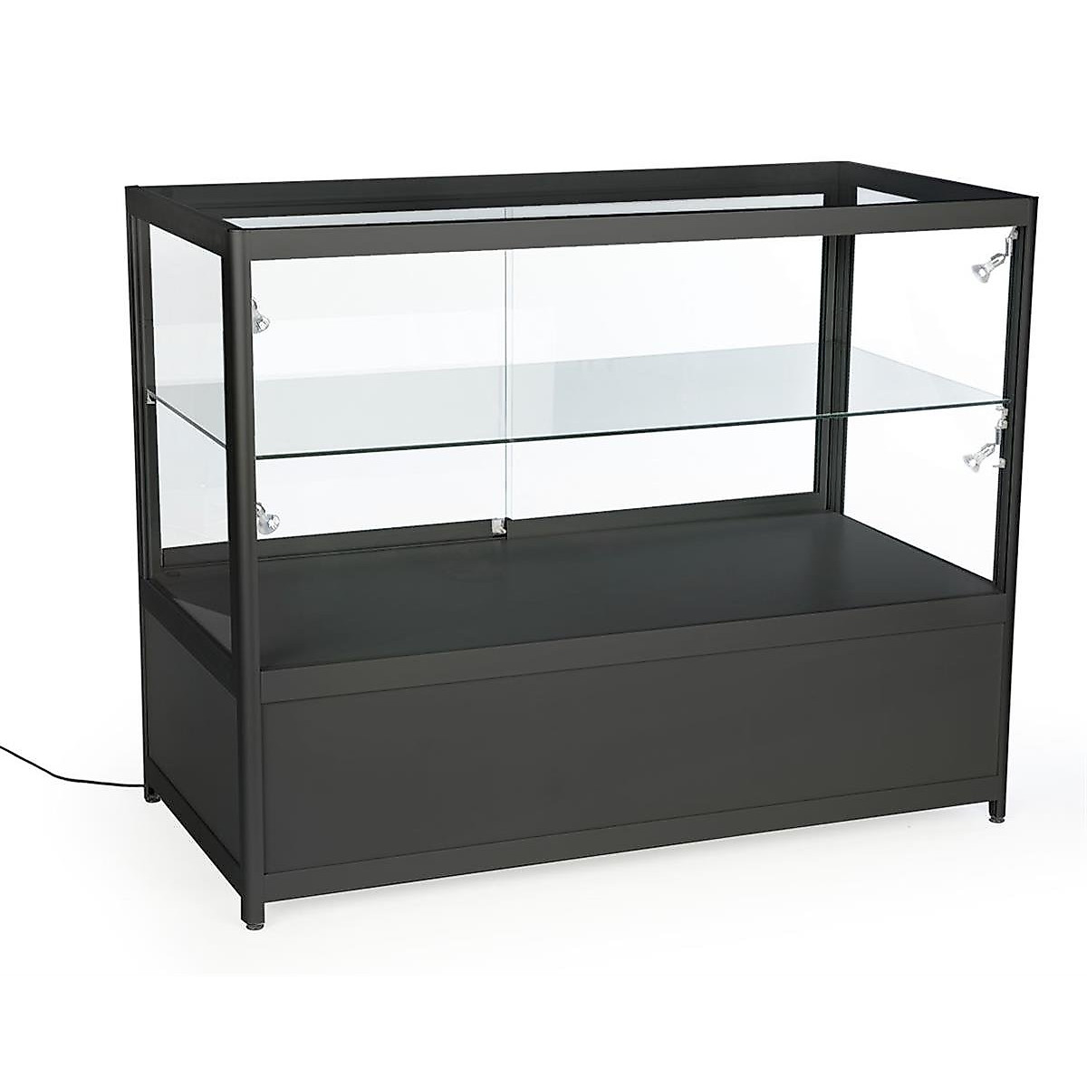 Displays2go 48 Inch Retail Showcase, w/Storage, LED Lights, Lockable Sliding Door - Black (SCTCT48LDB)