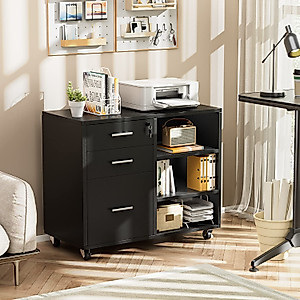 Shahoo 3 Drawer Filing Cabinet, Mobile Lateral Printer Adjustable Open Storage Shelf, Lockable Wheels for Home Office, Dark Black