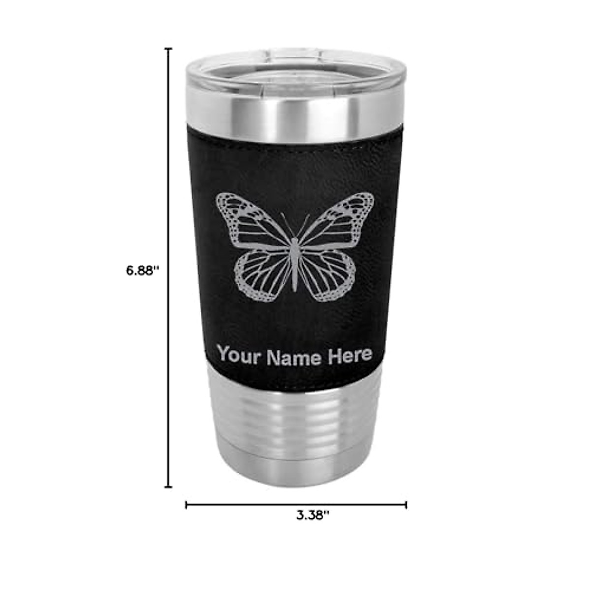 LaserGram 20oz Vacuum Insulated Tumbler Mug, Monarch Butterfly, Personalized Engraving Included (Faux Leather, Black)