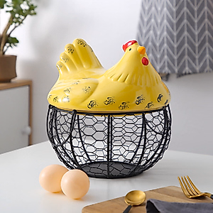 Simple Creative Storage Basket Creative Hen Ceramic and Iron With Storage Basket Hand-painted Egg Carton Large Capacity Kitchen Storage Gods Hold 20-25 Eggs (Yellow Grid Basket)