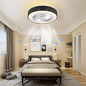 JUTIFAN Modern Enclosed Ceiling Fan with Lights Remote Control, Dimmable 3 Color Adjustable Low Profile Ceiling Fan, 1H/2H Timing, Black Ceiling Fans 72W Bladeless Ceiling Fan with Light for Kitchen