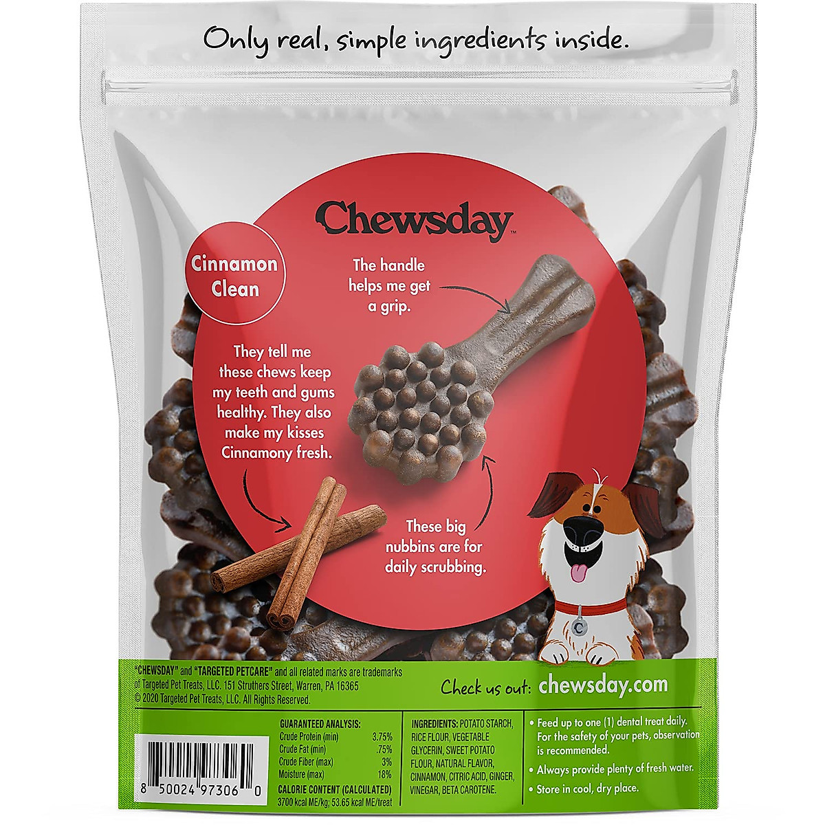 Chewsday Small Cinnamon Clean Daily Dental Dog Chews, Made in The USA, Natural Highly-Digestible Oral Health Treats for Healthy Gums and Teeth - 14 Count