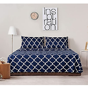 Utopia Bedding Queen Sheet Set, Soft Microfiber 4 Piece Bed Sheets with 16" Deep Pocket - Easy Care Brushed Microfiber (Quatrefoil - Navy)
