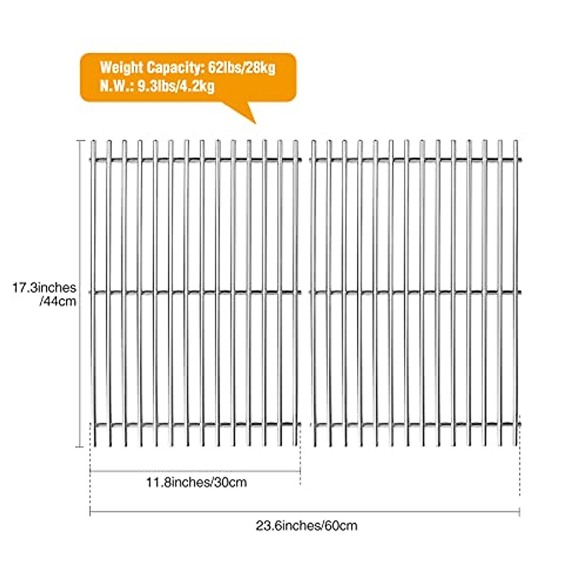 Lineslife 17.3" Cooking Grill Grate for Weber Genesis, Stainless Steel Gas Grill Grid Replacement for Outdoor, Camping, BBQ, 2PC