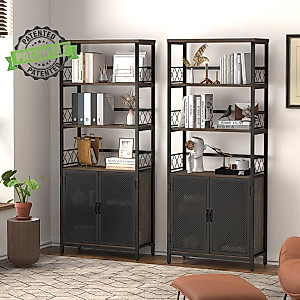 Aubtik Farmhouse Book Shelf with Storage, Industrial Tall Bookshellf with Doors and Shelves, Rustic Wood Bookcase with Cabinet for Home Office, Living Room, Classroom (Walnut Brown)