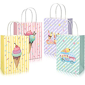 Whaline 24 Pack Ice Cream Gift Bags with Handles Colorful Summer Goody Bags Kraft Paper Ice Cream Treat bags for Wrapping Holiday Gifts Classrooms Party Favors Birthday Decoration, 4 Designs