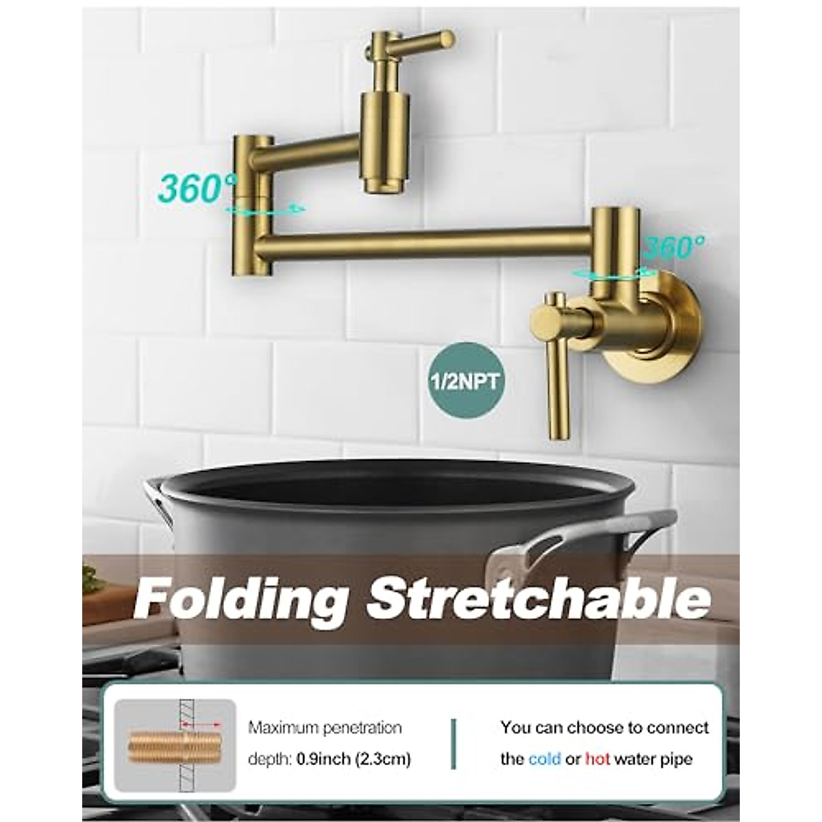 iVIGA Wall Mount Pot Filler, Gold Brass Pot Filler Faucet with 2 Handles, Single Hole Stretchable Faucet with Double Joint Swing Arm Pot Filler Above Stove
