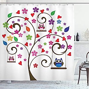 Ambesonne Owls Shower Curtain, Tree with Flowers and Owls Swinging Curvy Ornamental Lines Playful Design, Cloth Fabric Bathroom Decor Set with Hooks, 69" W x 70" L, Multicolor