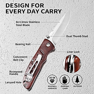 Vickay Pocket Knife for Men, Folding Knives 8Cr13MoV 2.95" Steel Blade, Wood Handle, Line Lock Knife with Clip, EDC Knife Ideal for Outdoor Camping, Fishing, Hunting, Tactical Gift (Brown)