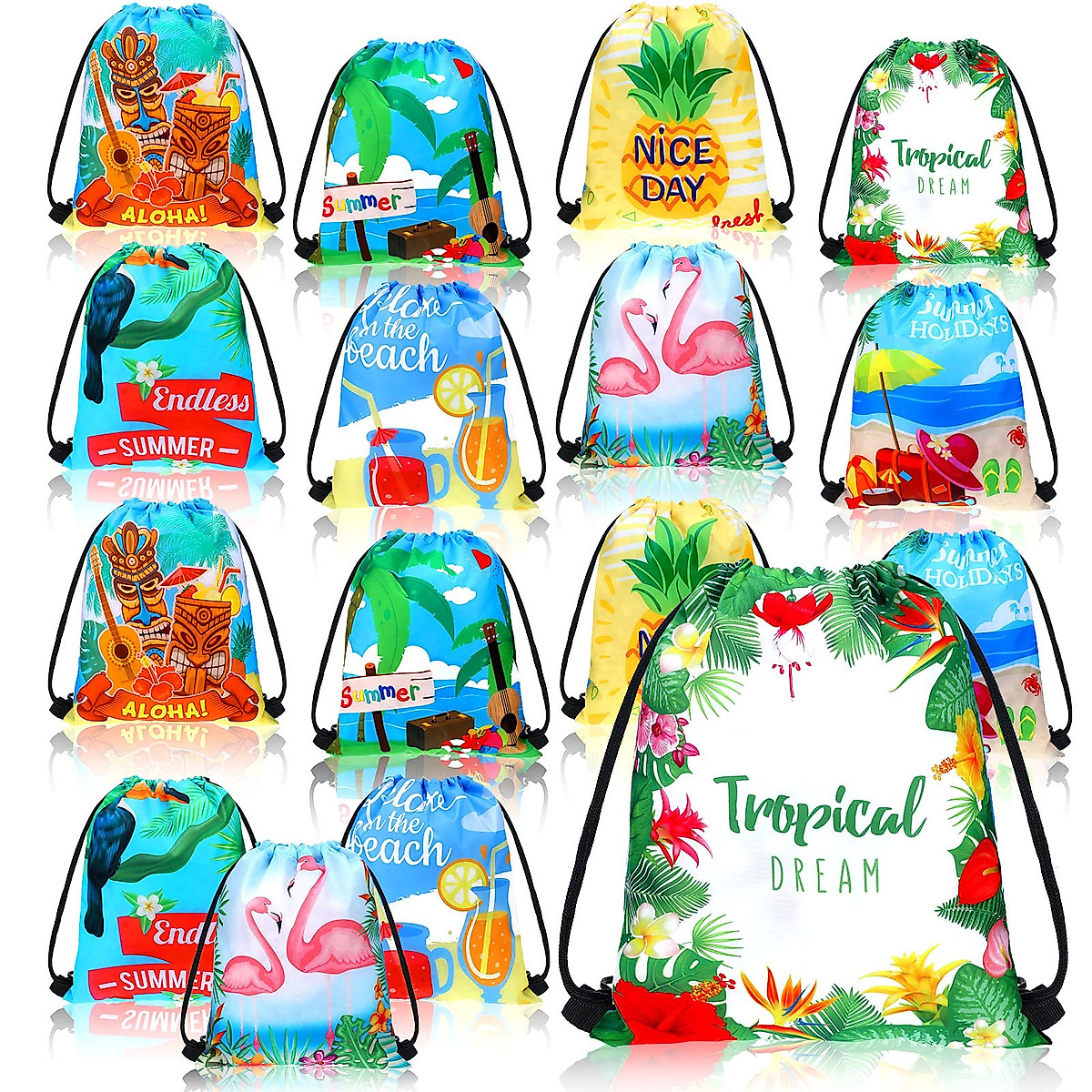 Woanger 16 Pack Hawaii Themed Party Drawstring Bags Aloha Party Drawstring Pouch Tiki Pineapple Hawaiian Party Gift Bags with Drawstring Aloha Gift Bag for Birthdays, Bridal Shower, Samples, Events