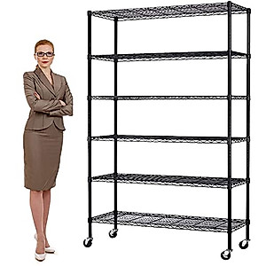 Wire Shelving Unit, Metal , with Wheels 6 Tier 2100lbs 48in L×18in W×82in H Storage Shelves Height Adjustable NSF Heavy Duty Steel Shelf Movable for Kitchen Garage Warehouse Commercial Rack, Black