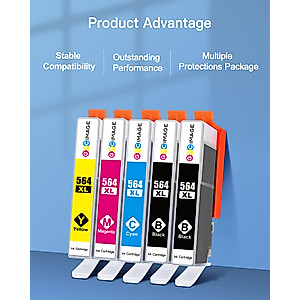 GPC Image Compatible Ink Cartridge Replacement for HP 564XL 564 XL Compatible with DeskJet 3520 3522 Officejet 4620 Photosmart 5520 6510 7520 7525 Printer (2 Black 1 Cyan 1 Magenta 1 Yellow, 5 Pack)