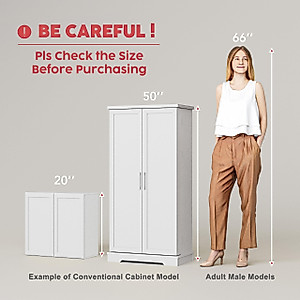 Furnaza 50" LED Kitchen Pantry Storage Cabinets - Standing Food Cabinets Cupboards with 2 Doors with Racks and Shelves Adjustable for Small Space in Dinning Room, Living Room, in White