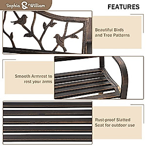Sophia & William Outdoor Garden Park Bench Patio Metal Bench, Steel Frame Bench with Backrest and Armrests for Porch, Lawn, Balcony, Backyard and Indoor, Bronze