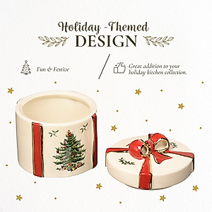 Spode Christmas Tree Gift Box Figurine, 4" Christmas Centerpiece with Red Ribbon & Gold Trim - Fine Earthenware for Holiday Home Decor, Festive Table Collectible & Winter (Small)