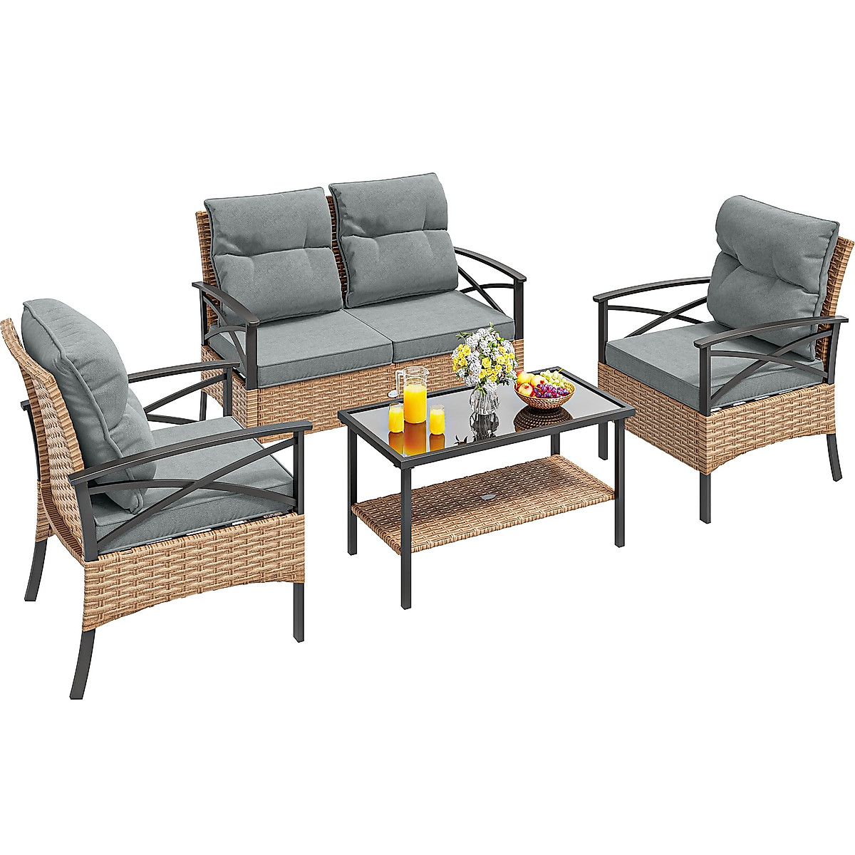 YITAHOME 4-Piece Patio Furniture Wicker Outdoor Bistro Set, All-Weather Rattan Conversation Loveseat Chairs for Backyard, Balcony and Deck with Soft Cushions and Metal Table (Light Brown+Gray)