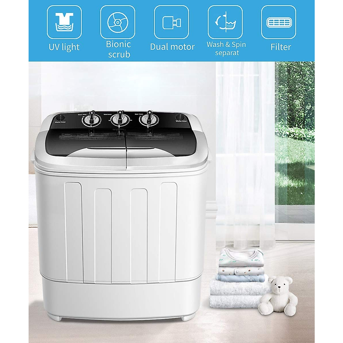 Clothes Washing Machines,SAFEPLUS Compact Mini Twin Tub Versatile Washer Machine with 8 lbs Washing &5 lbs Spin Dryer Load Cappacity Gravity Drain Pump and Drain Hose for Apartment Black