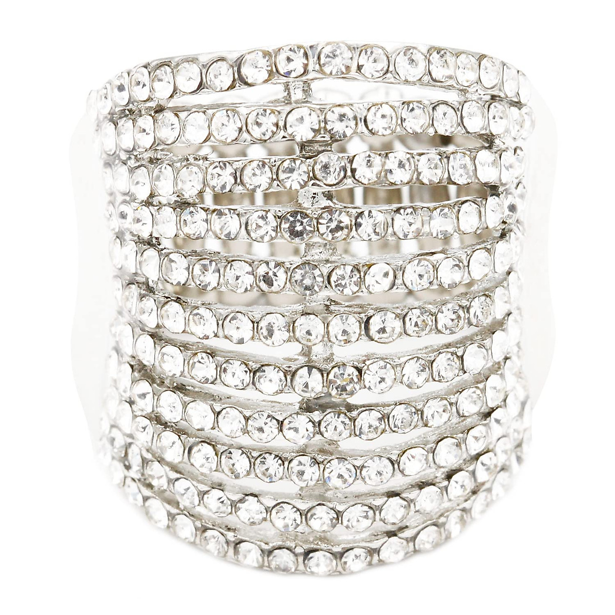 Lavencious 11 Rows with Crystals Stretch Rings Statement Rings Free Size 7 to 9 for Women (Silver + Clear Crystals)