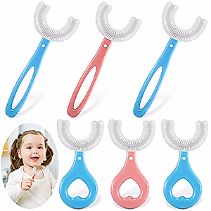 6 Pcs U Shaped Toothbrush Kids Toothbrushes Soft Silicone Children U Shape Toothbrush Whole Mouth Teeth Cleaning All Round Toothbrush for Baby Kids 2-12 Years Old, 2 Styles (Heart, Straight Handle)
