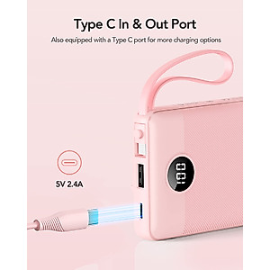 VRURC Portable Charger 10000mAh, Slim LED Display Power Bank, 5 Output 2 Input Cell Phone Battery Pack, Built-in Micro & USB C Cables Phone Charger Compatible with iPhone,Samsung,Android-Pink(1 Pack)