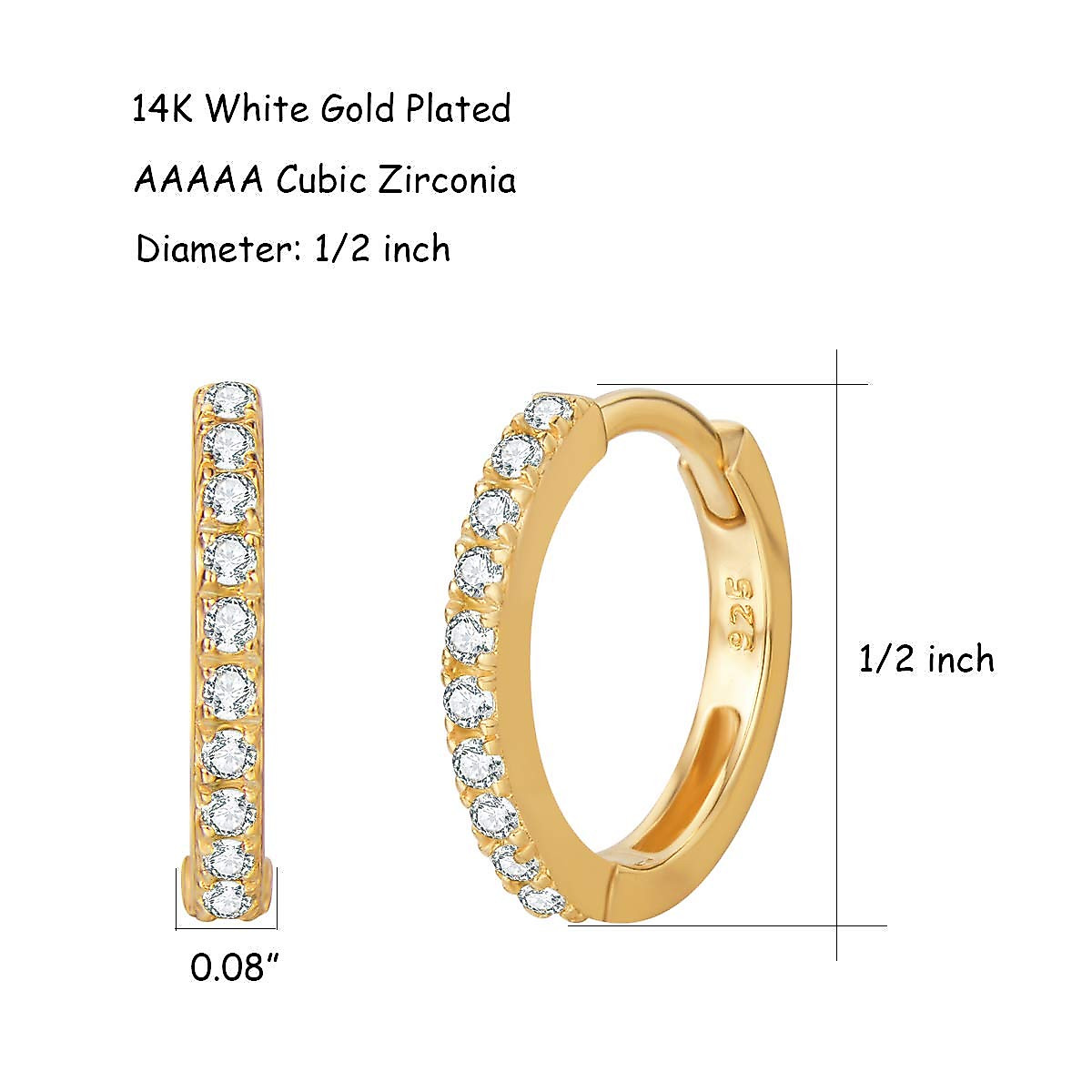 Carleen Gold Hoop Earrings 14K Gold Plated 925 Sterling Silver Hoop Earrings Round Cut Cubic Zirconia CZ Simulated Diamond Small Hinged Cartilage Earrings for Women Valentines Day Gift, 13mm