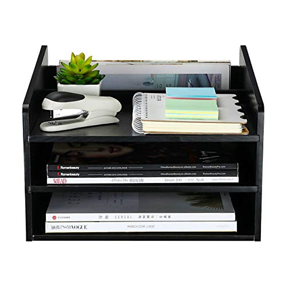 PAG Wood Desktop File Organizer Mail Sorter Magazine Rack Paper Holder Telephone Stand with Adjustable Drawer, Black