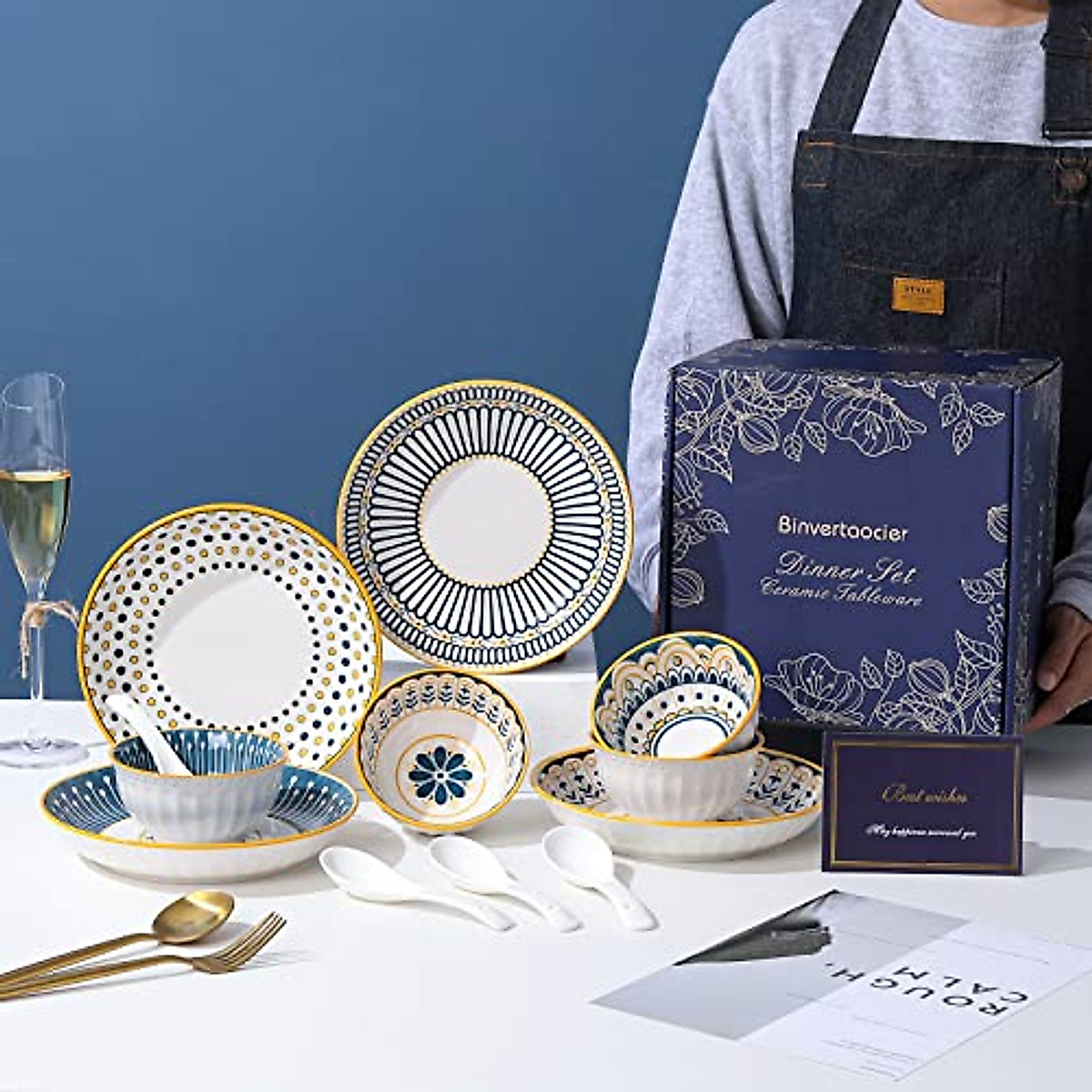 Binvertaocier 12-Piece Porcelain 27 Oz Plates and Bowls Sets for 4 with Spoons,Ceramic Dinnerware Set of 4,8 Inch Pasta Bowls Set for 4,Salad Plates,Pasta Plates Dinner Bowls,Gifts for Housewarming