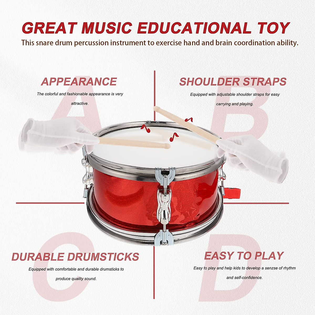 Generic Kid Hand Drum 11 Inch Marching Snare Drum Set Children Snare Drum Performance Drum with Adjustable Strap Wooden DrumSticks Gloves, Bright Red Wood Drum Toy Set