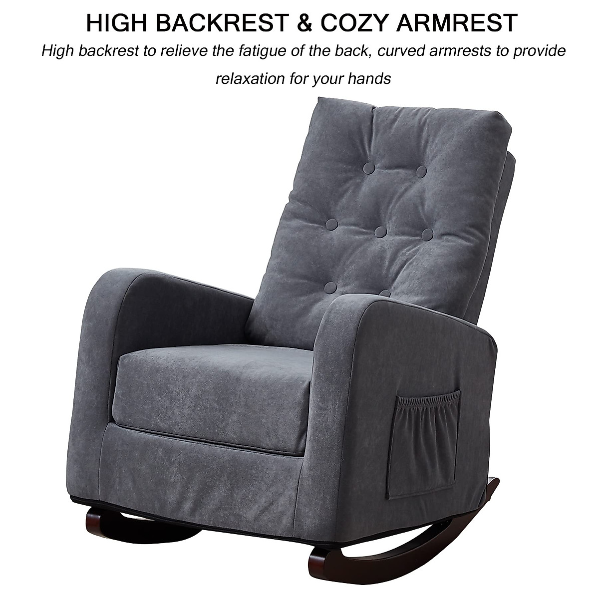 Dolonm Rocking Chair Modern Glider Chair for Baby Nursery Upholstered Velvet Rocker Tufted Button High Back Accent Armchair for Living Room, Bedroom, Office (Antique Gray)