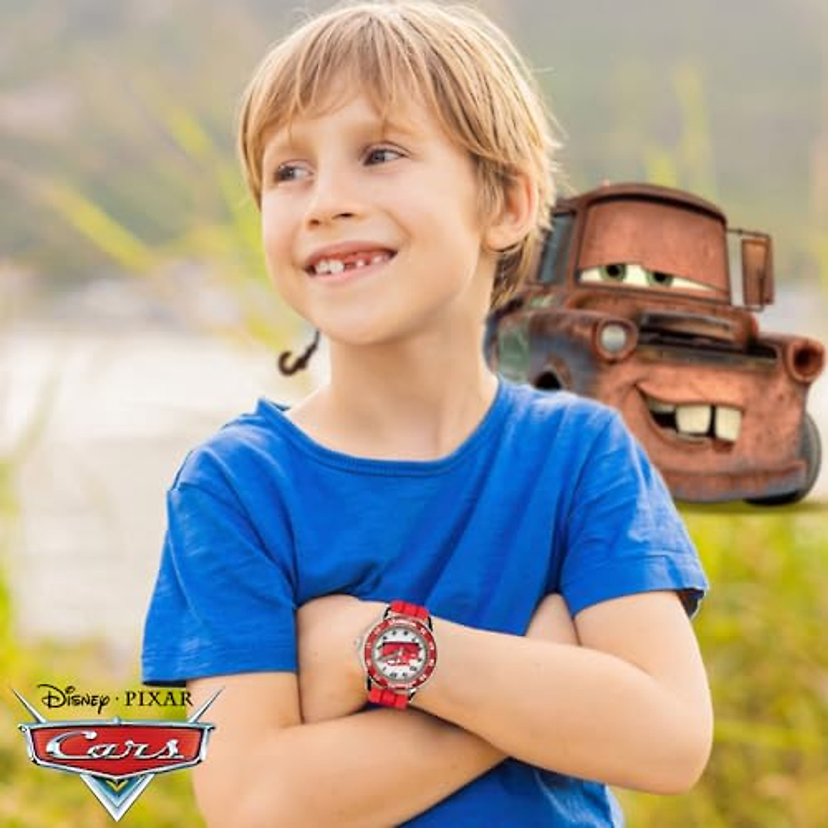 Disney Pixar Cars Kids' Time-Teaching Watch – Lightning McQueen Design with Red Silicone Strap, Easy-to-Read Dial, and Adjustable Fit for Wrists 5.5" to 8"
