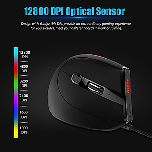 TRELC RGB Gaming Mouse, Ergonomic Mouse with 12800 DPI/9 Programmable Buttons, On-Board Memory, Lightweight Vertical Optical Gaming Mice Wired for Windows/PC/Laptop/E-Sports/Gamer (Black)