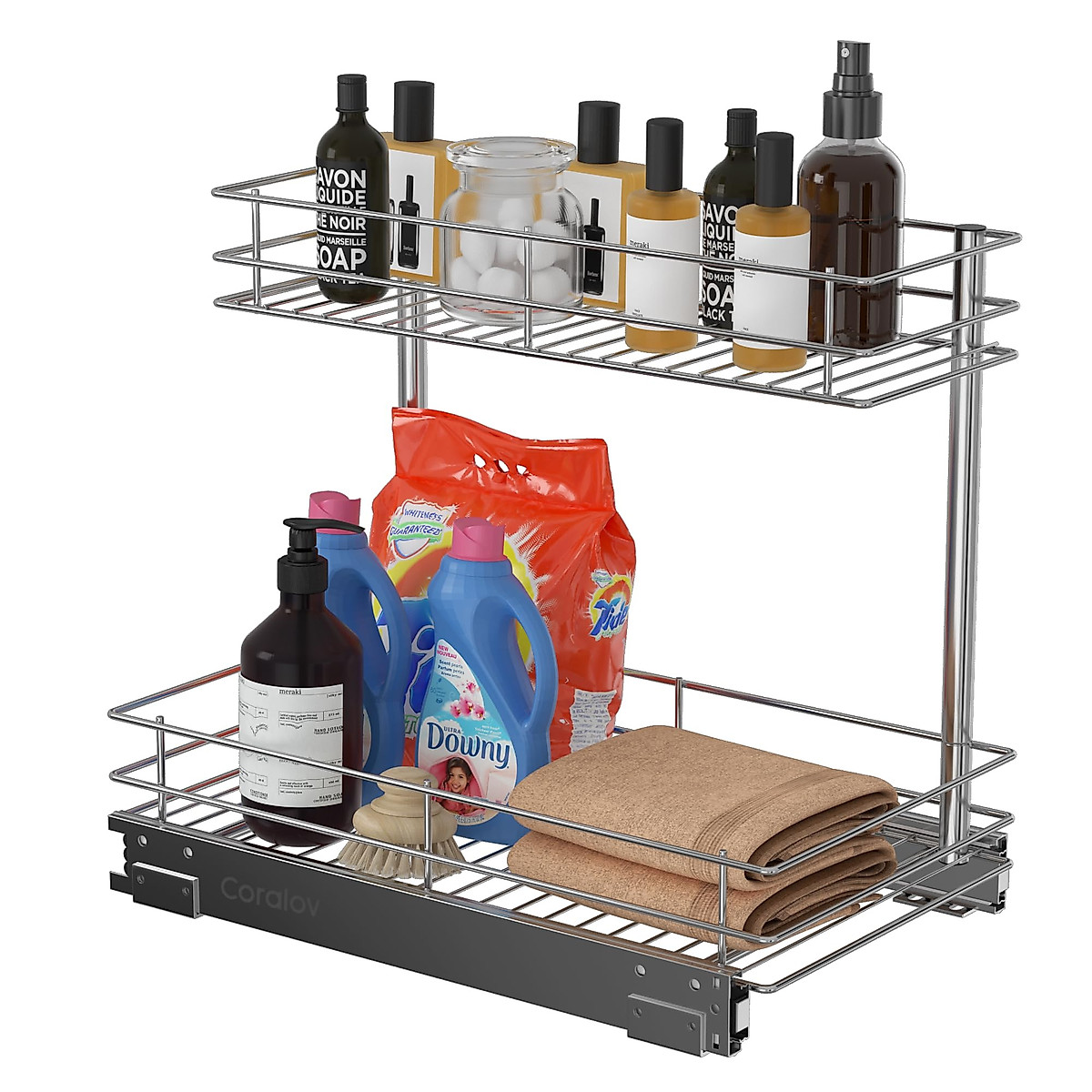 Coralov Pull Out Cabinet Organizer, 9 INCH Under Sink Slide Out Storage Shelf with 2 Tier Sliding Wire Drawer