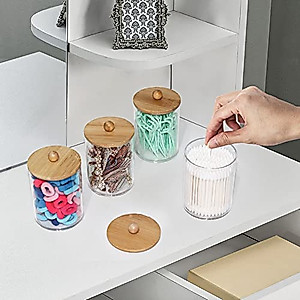 Tbestmax 10 Oz Cotton Swab/Ball/Pad Holder, Qtip Apothecary Jar, Clear Bathroom Containers Dispenser for Storage 3 Pack Wood Lids