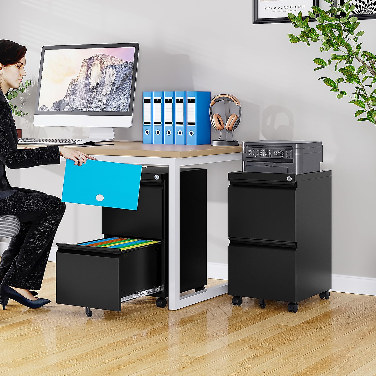 SISESOL 2 Drawer File Cabinet on Wheels,Metal Filing Cabinet with Lock,Black Rolling File Cabinets,Under Desk Office Cabinets for Home Office,Fit A4/Letter/Legal