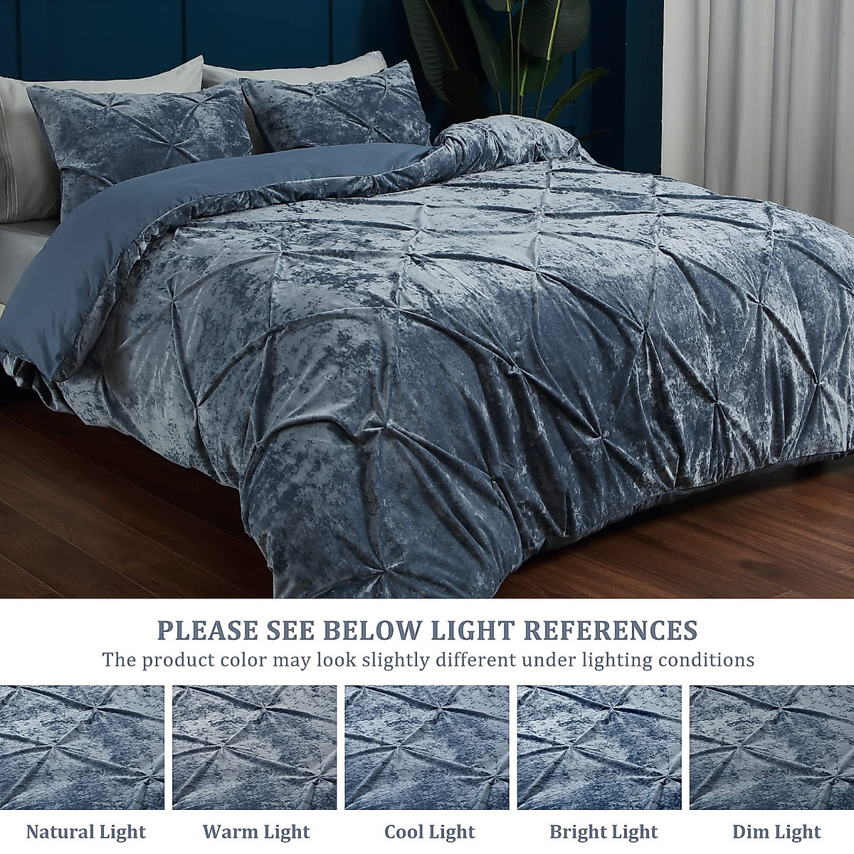 CAROMIO Velvet Duvet Cover Queen Size - Luxury Pinch Pleated Duvet Cover Bedding Set Soft Pintuck Velvet Comforter Cover Set with Corner Ties and Button Closure, Blue, 90"x90"