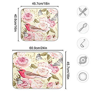 Rose Birds Butterfly Dish Drying Mat 24"x18" Absorbent Machine Washable Hanging Fast Dry Pad Dish Protective Mat for Kitchen Countertop Heat Resistant Dinner Table Mat