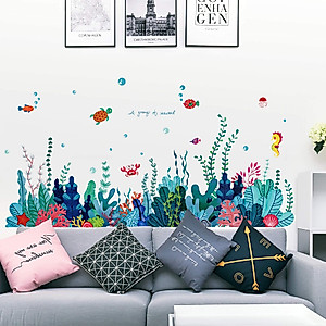 RW- 6794 Removable 3D Under The Sea View Grass Wall Decal DIY Ocean Coral Seaweed Wall Stickers Murals Peel and Stick Home Wall Decor for Kids Bedroom Bathroom Girl Nursery Wall Corner Decoration (A)