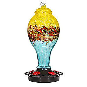 LUJII Hand Blown Glass Hummingbird Feeder for Outdoors with Ant Moat, Leak Proof & Rustproof , 25oz, Metal Base Cover with 5 Feeding Ports & Perches, Glass Art for Garden Decor (Blue Mixed Yellow)