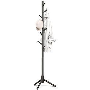 Z&L HOUSE Coat Racks Free Standing, Simple Solid Wooden Coat Tree, 8 Hooks and Adjustable Size Coat Hanger Stand, Used in the Office Bedroom Living Room to Hang Clothes, Hat, Bag Black